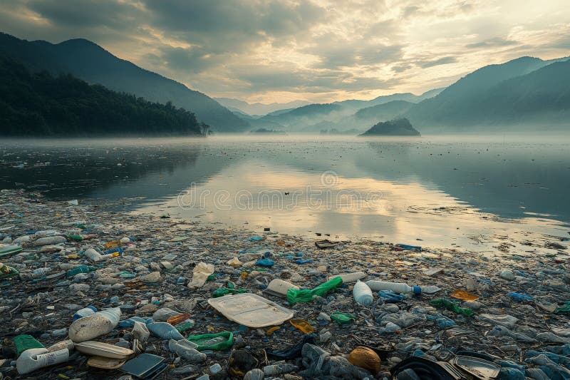 Polluted Lake Reflection at Sunrise Amidst Misty Mountains Stock ...