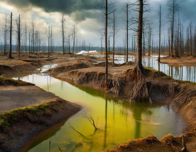 Polluted Landscape with Dead Trees and Toxic River Stock Illustration ...