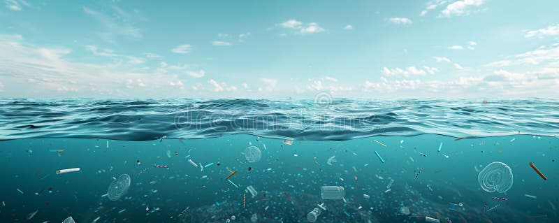 A Polluted Ocean with Floating Debris Including Plastic Straws and ...