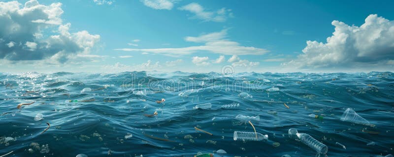 A Polluted Ocean with Floating Debris Including Plastic Straws and ...