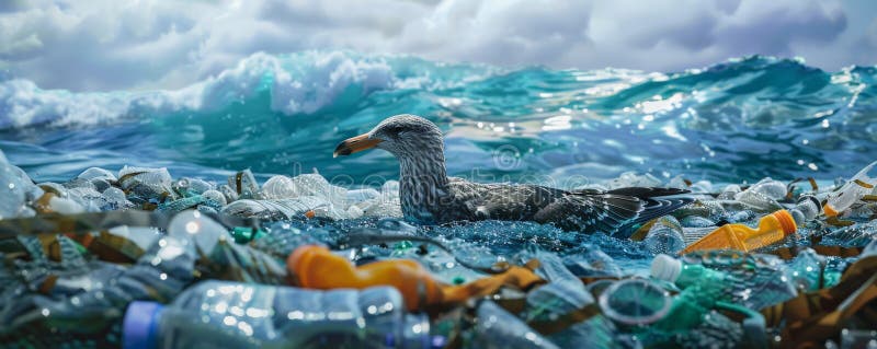 A Polluted Ocean Scene with a Bird Struggling in a Tangle of Plastic ...