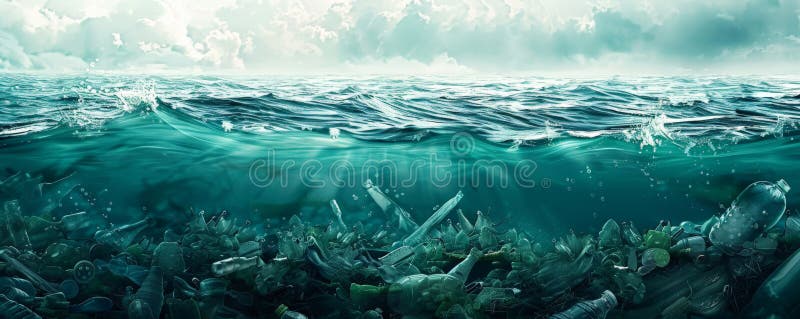 A Polluted Ocean Scene with Plastic Waste Floating among the Waves ...