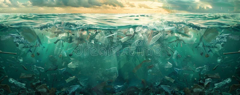 A Polluted Ocean Scene with Plastic Waste Floating among the Waves ...