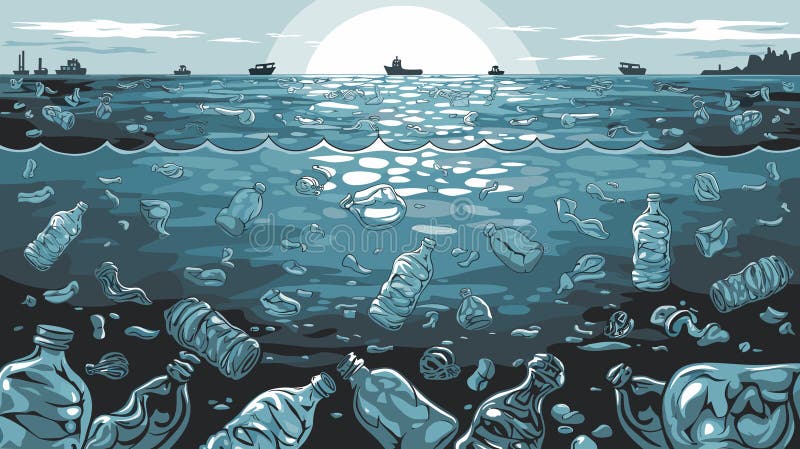 Polluted Ocean Surface with Floating Plastic Bottles and Bags, Sunlight ...