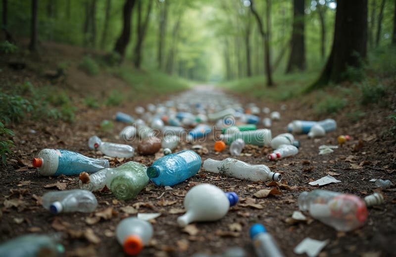 Polluted Park Pathway Littered Plastic Bottles. Environmental Issue ...