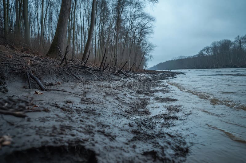 Polluted River Bank Eroding with Roots Exposed Stock Illustration ...