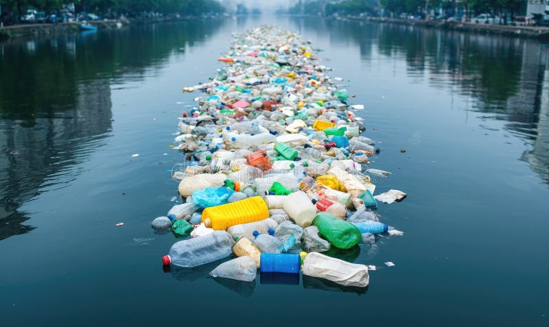 A Polluted River Covered with Plastic Waste, Highlighting Environmental ...