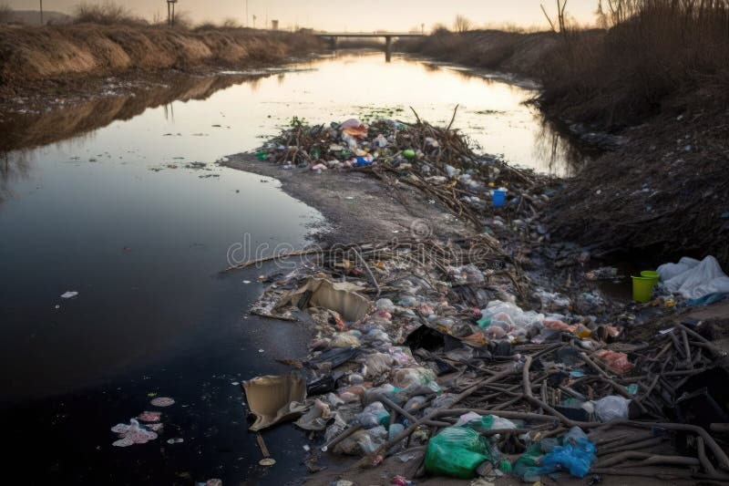 Polluted River, with Debris and Trash Floating Downstream Stock ...