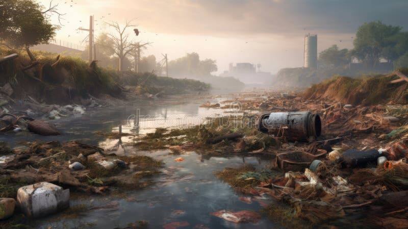 Polluted River with Discarded Waste. Generative AI Stock Illustration ...