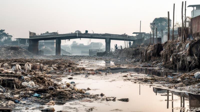 Polluted River with Discarded Waste. Generative AI Stock Illustration ...