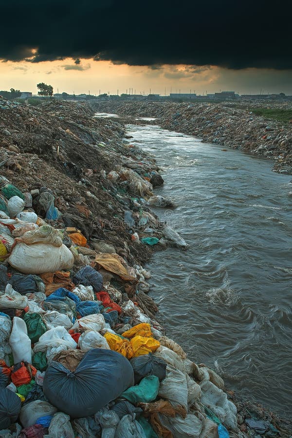 Polluted River Flowing through Landfills at Sunset Stock Illustration ...