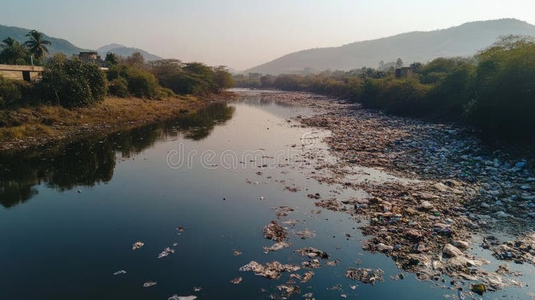 Polluted River Flows through Landscape, Littered with Trash and Debris ...