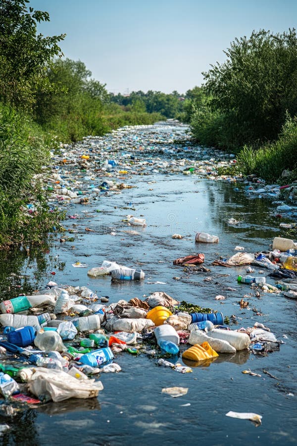 Polluted River, a Grim Scene of a Dirty River Filled with Floating ...