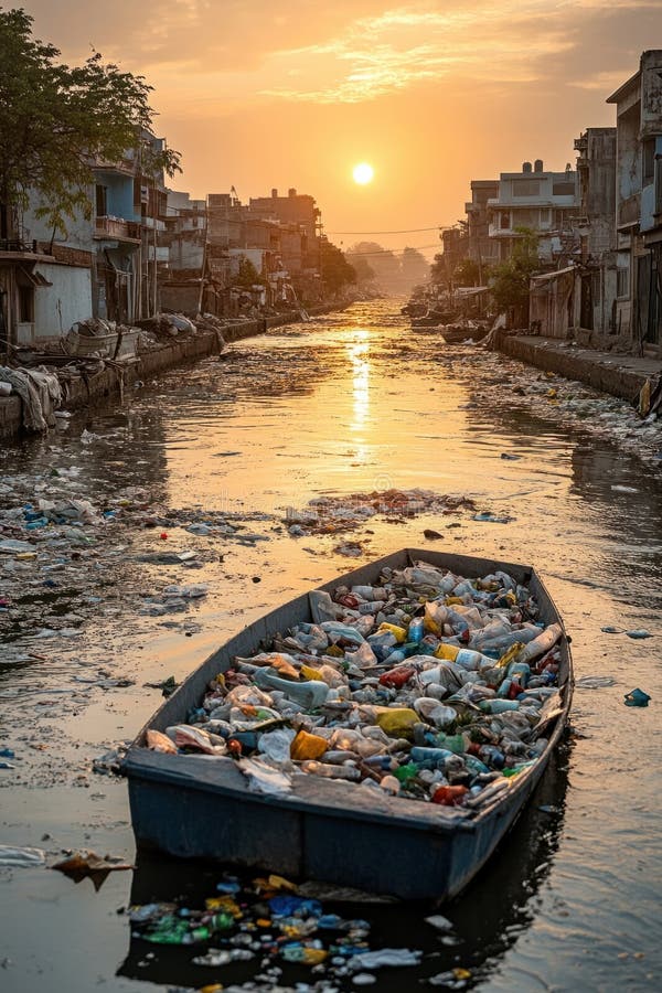 Polluted River, a Grim Scene of a Dirty River Filled with Floating ...
