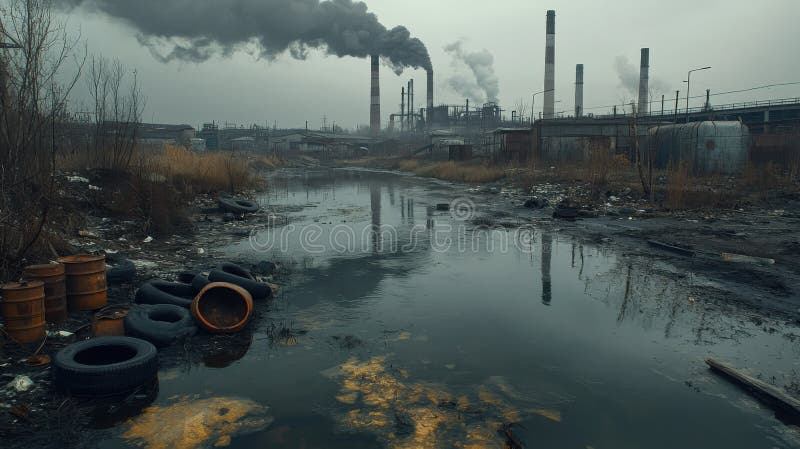 Polluted River Flowing through Industrial Area with Smoke Stacks in ...