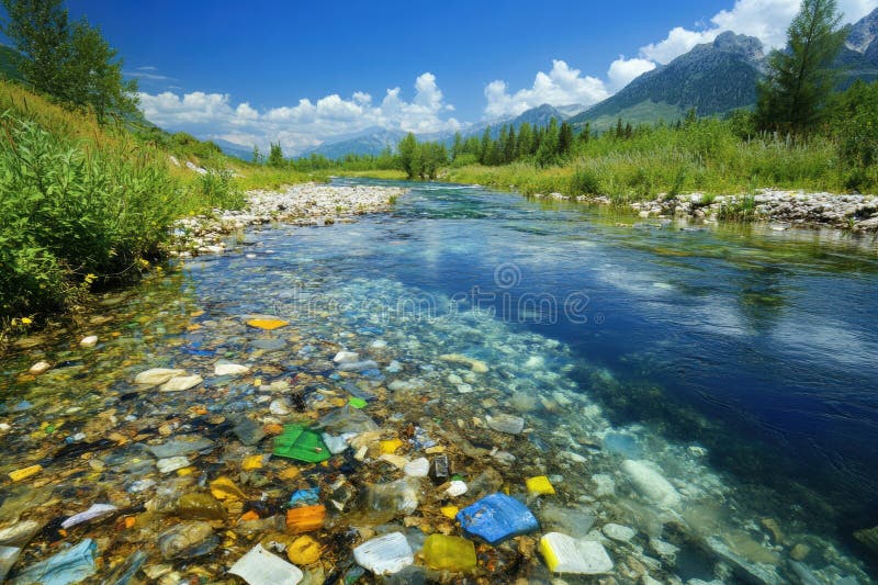 Polluted River Overflowing with Trash Contrasts with Pristine Stream ...