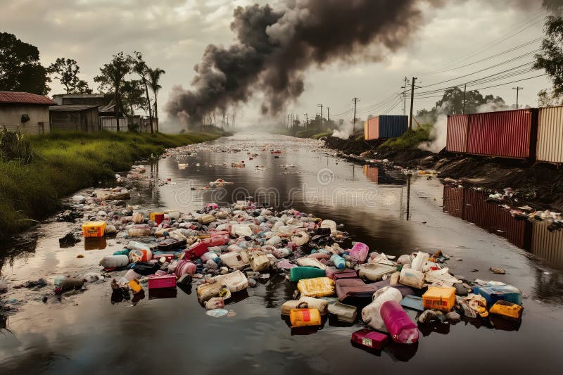 Polluted river bank. Smoke stock photo. Image of trash - 364685200