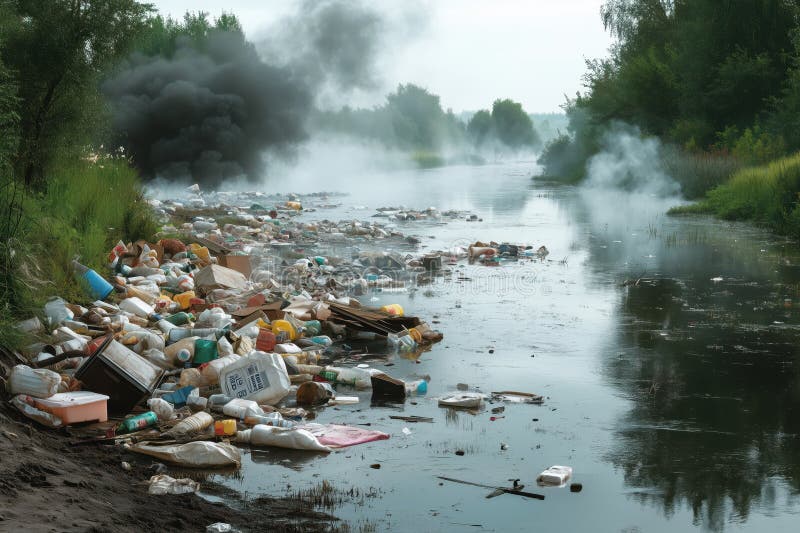Polluted river bank. Smoke stock photo. Image of trash - 364685200
