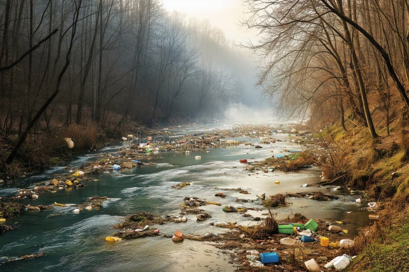 Polluted river bank. Smoke stock photo. Image of trash - 364685200