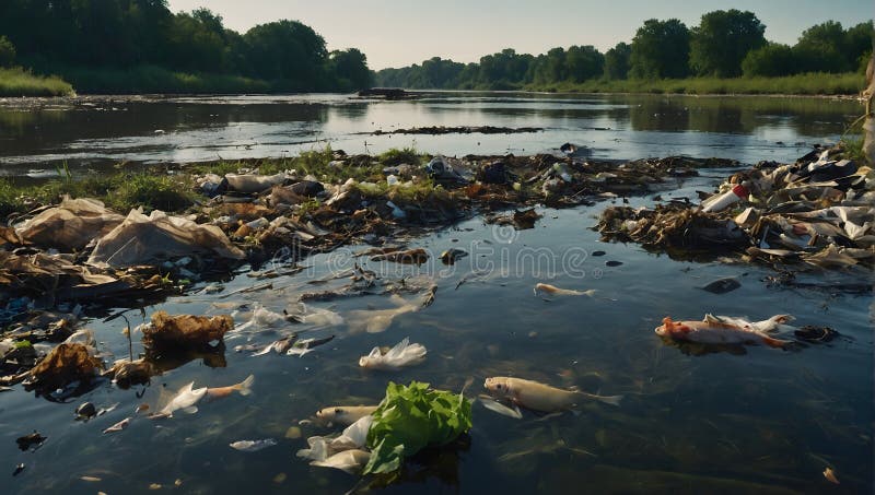 A Polluted River Scene with Garbage Floating on the Surface, Dead Fish ...