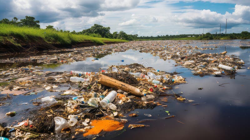 Polluted River with Trash and Debris Floating on the Surface Stock ...