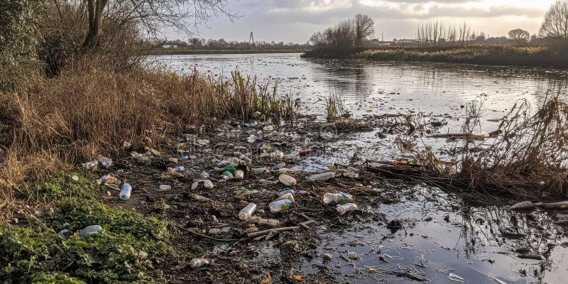 Polluted Riverbank with Plastic Waste in Natural Landscape Under Cloudy ...