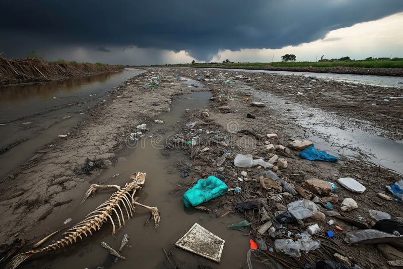Animal Skeleton Lying in Polluted Riverbed Showing Environmental Damage ...