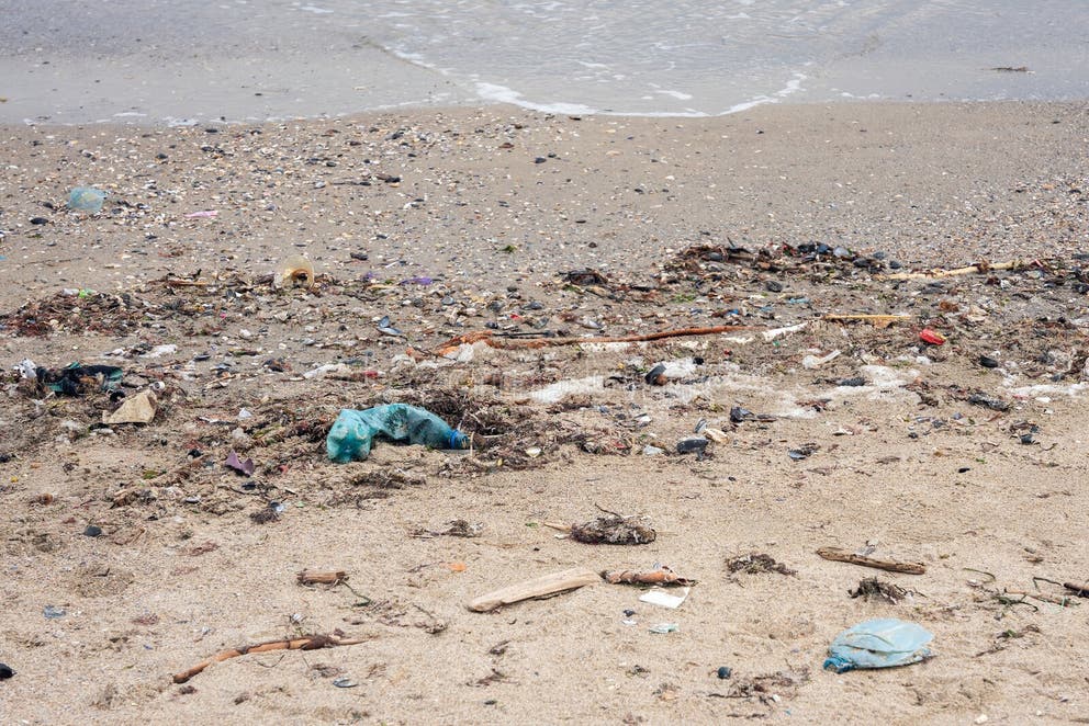 Polluted Sea Coast, Plastic Waste Lying on the Sand, Environmental ...