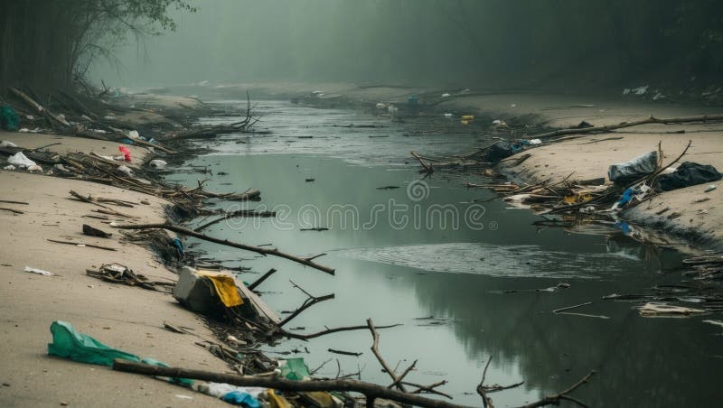 Polluted Stream with Debris and Dark Water. Stock Image - Image of ...