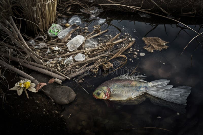 Polluted Stream, with Floating Debris and Dead Fish Stock Illustration ...