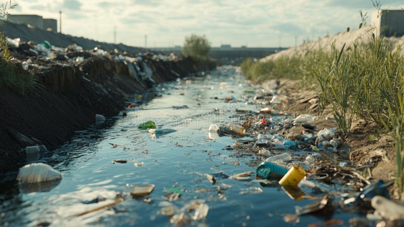 A Polluted Stream Littered with Plastic and Debris Stock Illustration ...