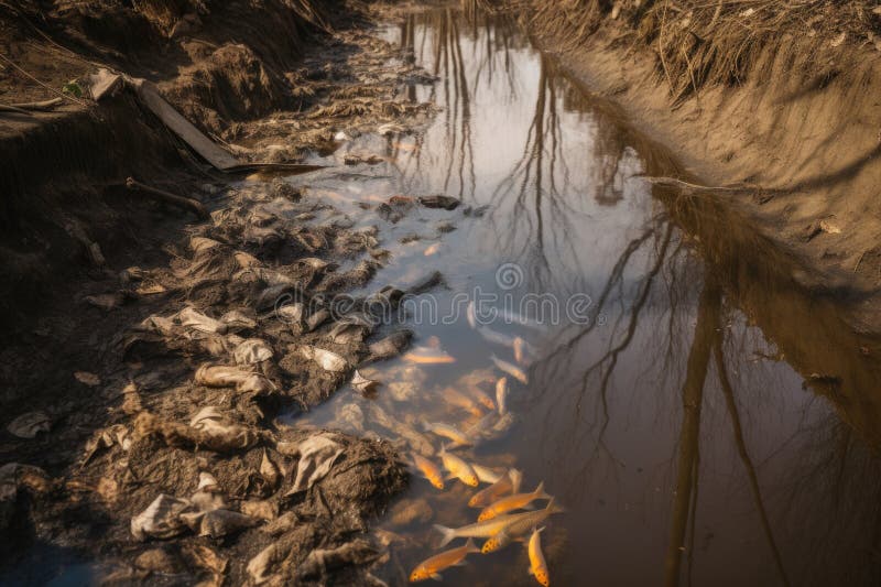Polluted Stream of Murky Water, with Dead Fish Floating on the Surface ...