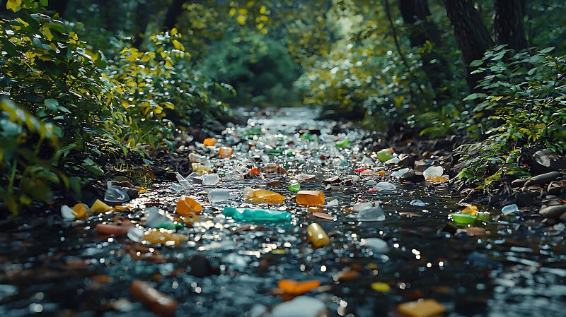 Polluted Stream with Plastic Waste and Greenery Surrounding Water Stock ...