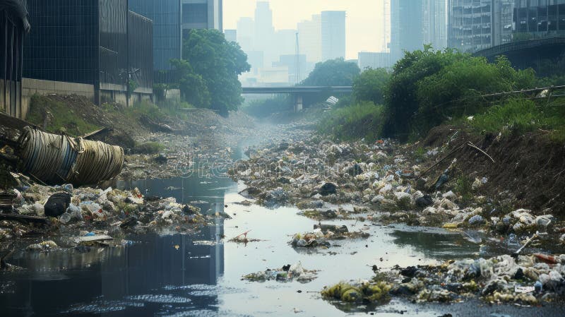 Polluted Urban Stream with Visible Pollution Stock Illustration ...