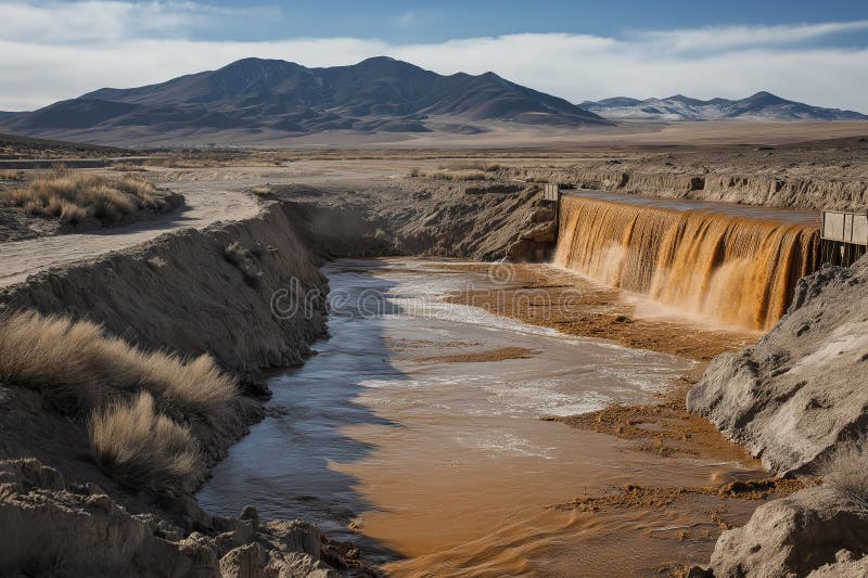 Polluted Water Flowing from Pipe Creating Waterfall in Desert Stock ...