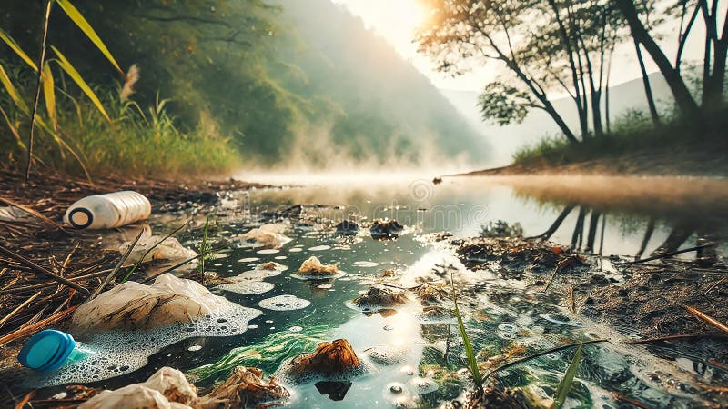 Polluted Water in a Pond or Lake. the Background Features a Blurred ...