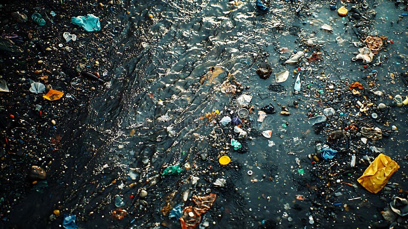 Polluted Water Surface with Microplastics and Debris, Highlighting ...