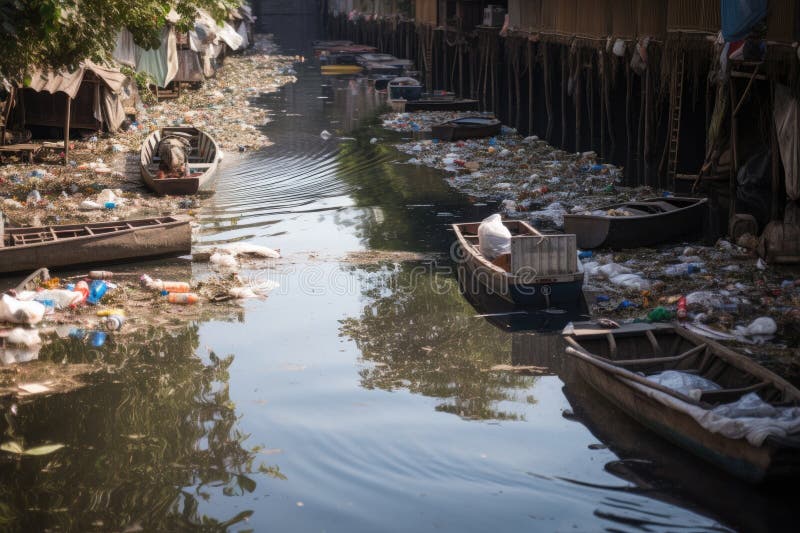 Polluted Waterway, with Floating Trash and Debris Stock Illustration ...