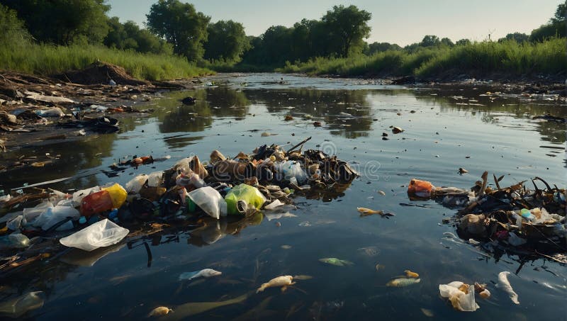 A Polluted Waterway with Garbage Scattered on the Surface and Muddy ...