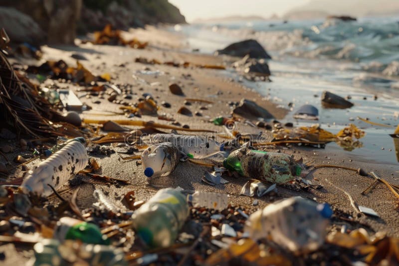 Pollution on a Beach: Plastic Waste and Debris Stock Illustration ...