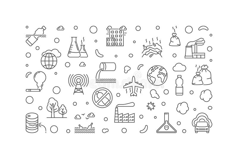 Pollution Concept Horizontal Vector Minimal Banner in Thin Line Style ...