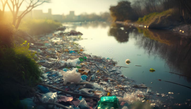 Pollution of Environment Concept. Garbage on the River Bank Stock ...