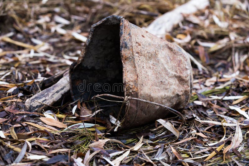 Pollution of the Environment. Rusty Shovels, Buckets, Garbage in Stock ...