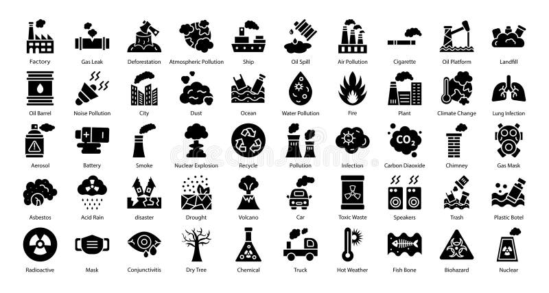 Pollution Icon Set: 50 Impactful Fill EPS Vector Icons in Black Stock ...