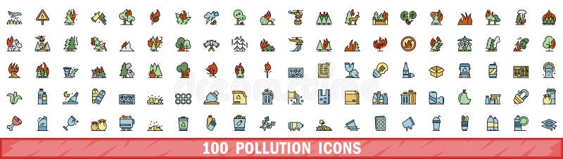 100 Pollution Icons Set, Color Line Style Stock Vector - Illustration ...