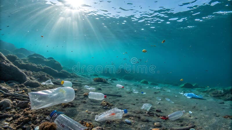 Pollution Impact on Marine Life: Littered Ocean Floor Under Sunlight ...