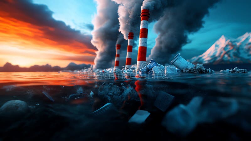 Pollution from Industrial Smokestacks Over Water at Sunset, Dramatic ...