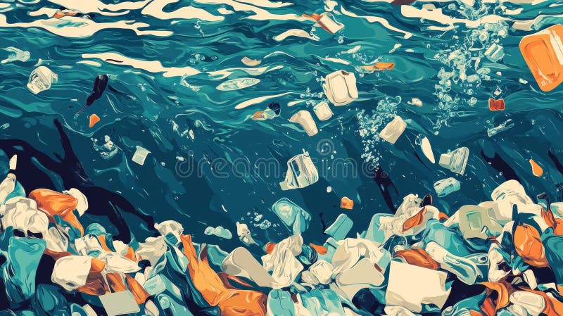Pollution in Ocean with Plastic Waste and Trash Underwater Scene Stock ...