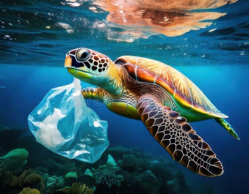 Pollution in Ocean Turtle Eats Plastic Bag Environmental Problem Stock ...