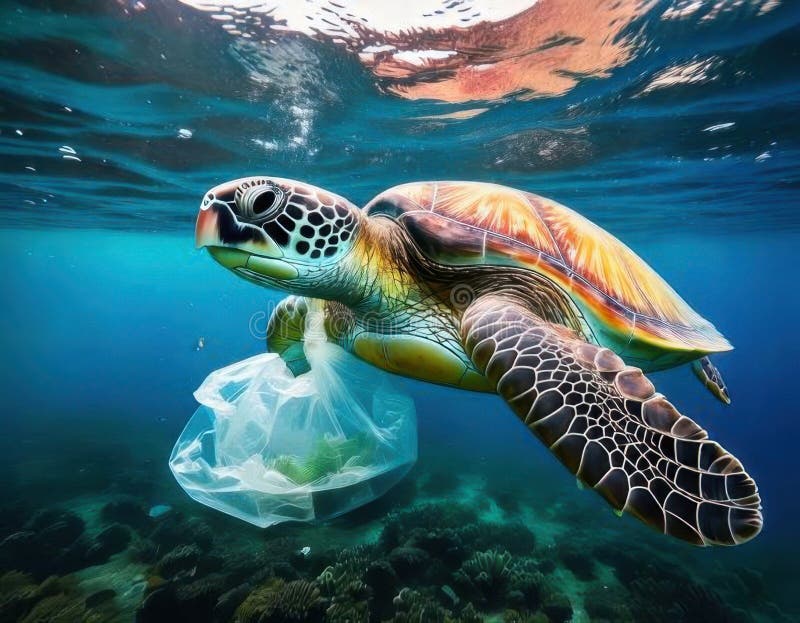 Pollution in Ocean Turtle Eats Plastic Bag Environmental Problem Stock ...